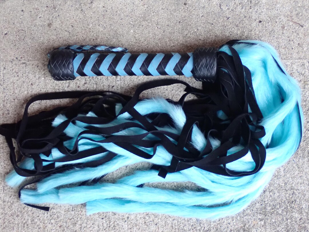 SPECIAL BLUE Turquoise Teal Leather & Fur Mop Flogger Amazing Gift Idea ...