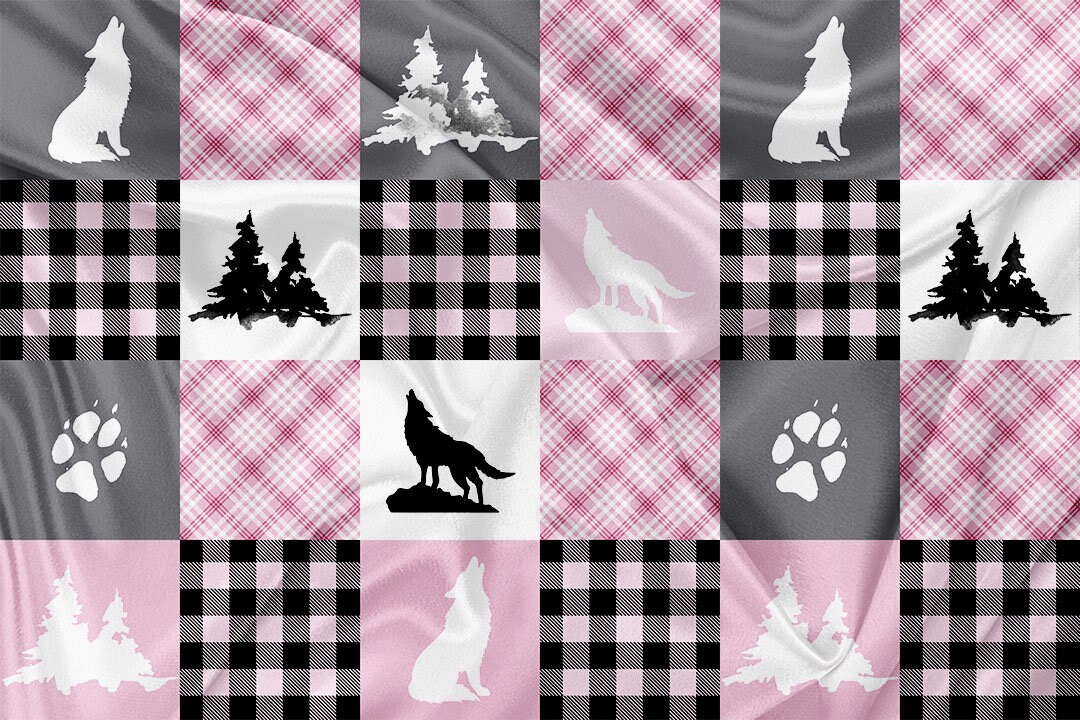 Printed Minky Fabric Patchwork Pink Wolf Patchwork and Lumberjack Print ...