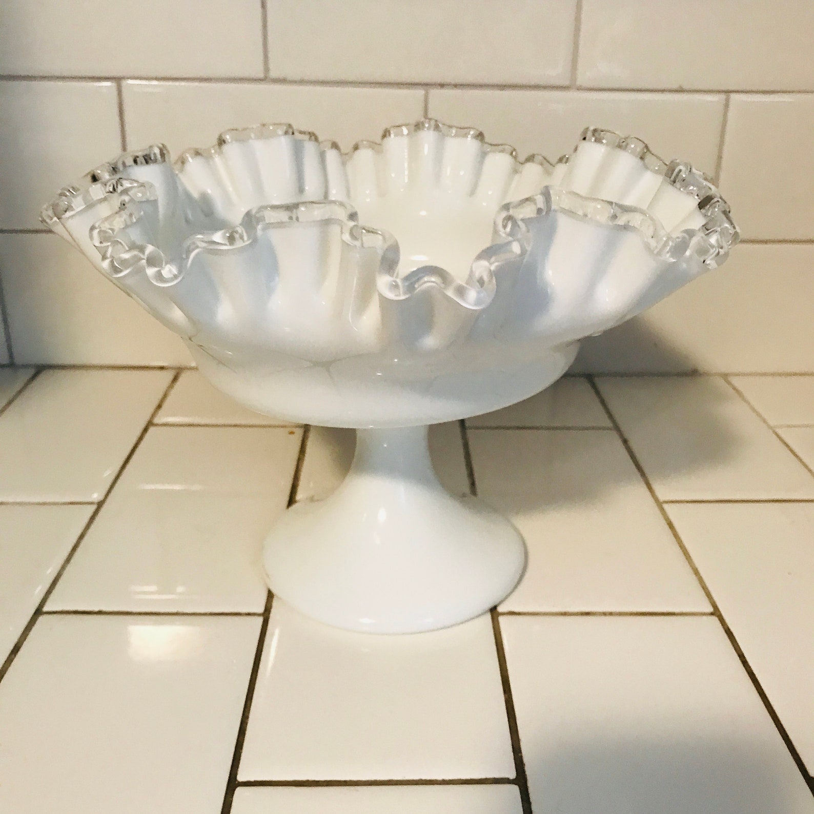 Beautiful Fenton Silvercrest Compote White With Clear Rim | Etsy
