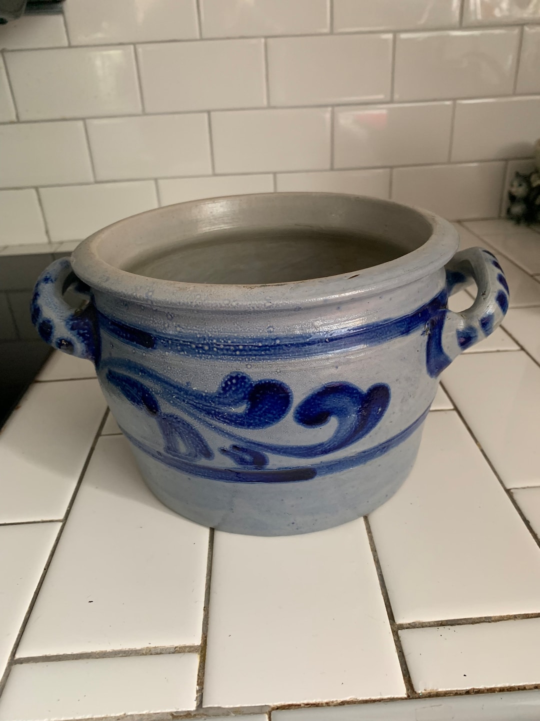 Vintage Salt Glazed Hand Made Pottery Crock Gray With Blue Marked 2 1/2 ...