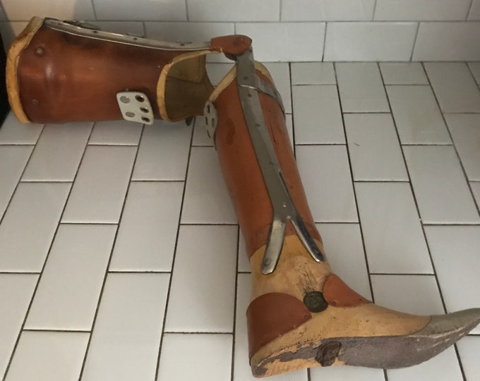 Vintage Prosthetic Leg Wood and Metal Adjustable Leather Straps Germany ...