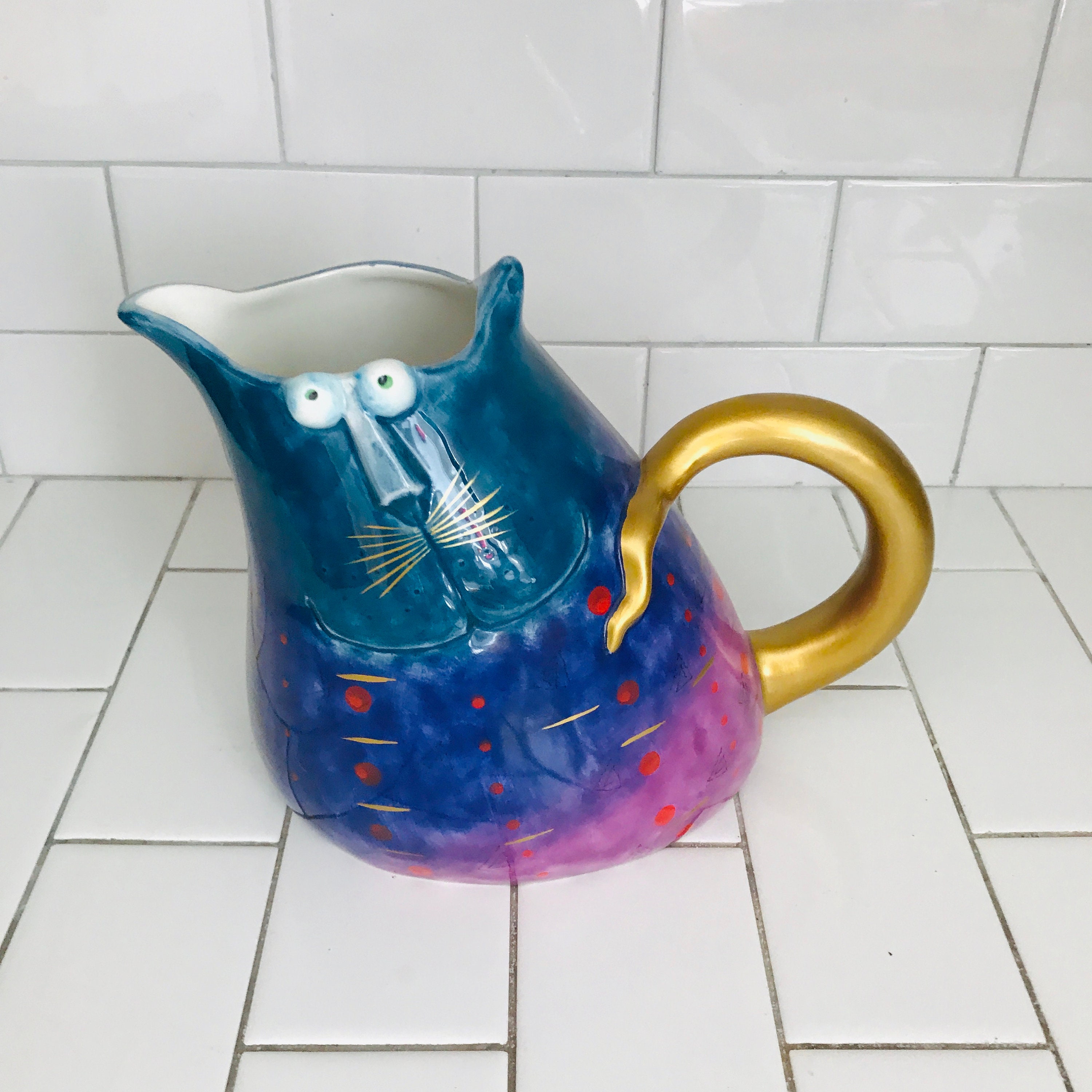 Vintage Cat Pitcher Wow Colorful Porcelain with golden tail | Etsy