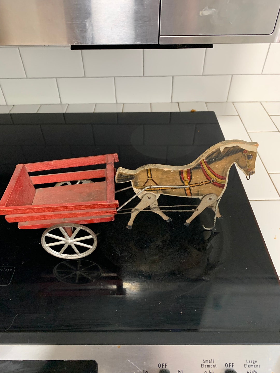 Antique Horse and With Wooden Pull Cart Flat Horses With Original Paint ...