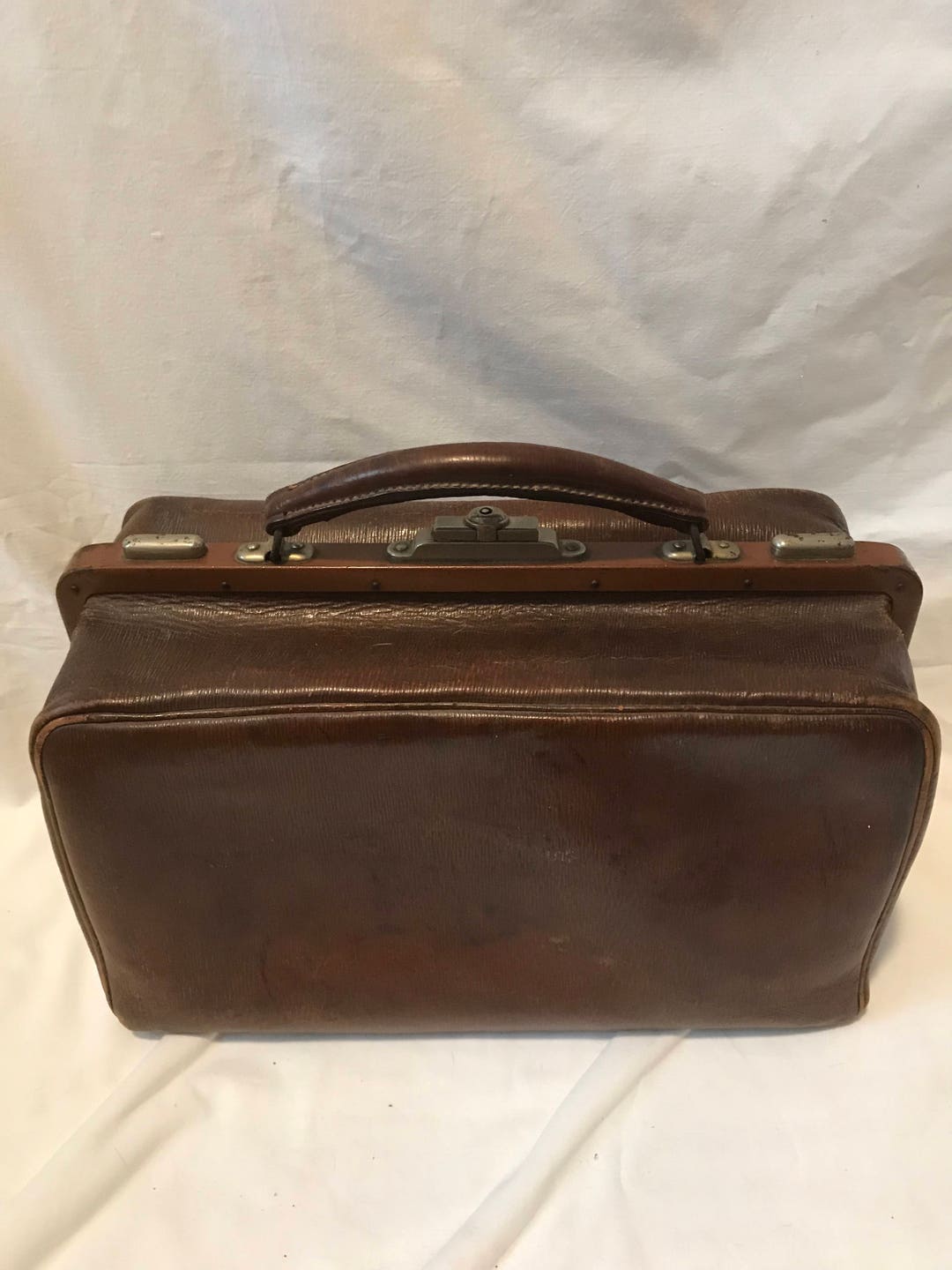 Antique Doctors Medical House Call Bag Leather Locking Top Brown With ...