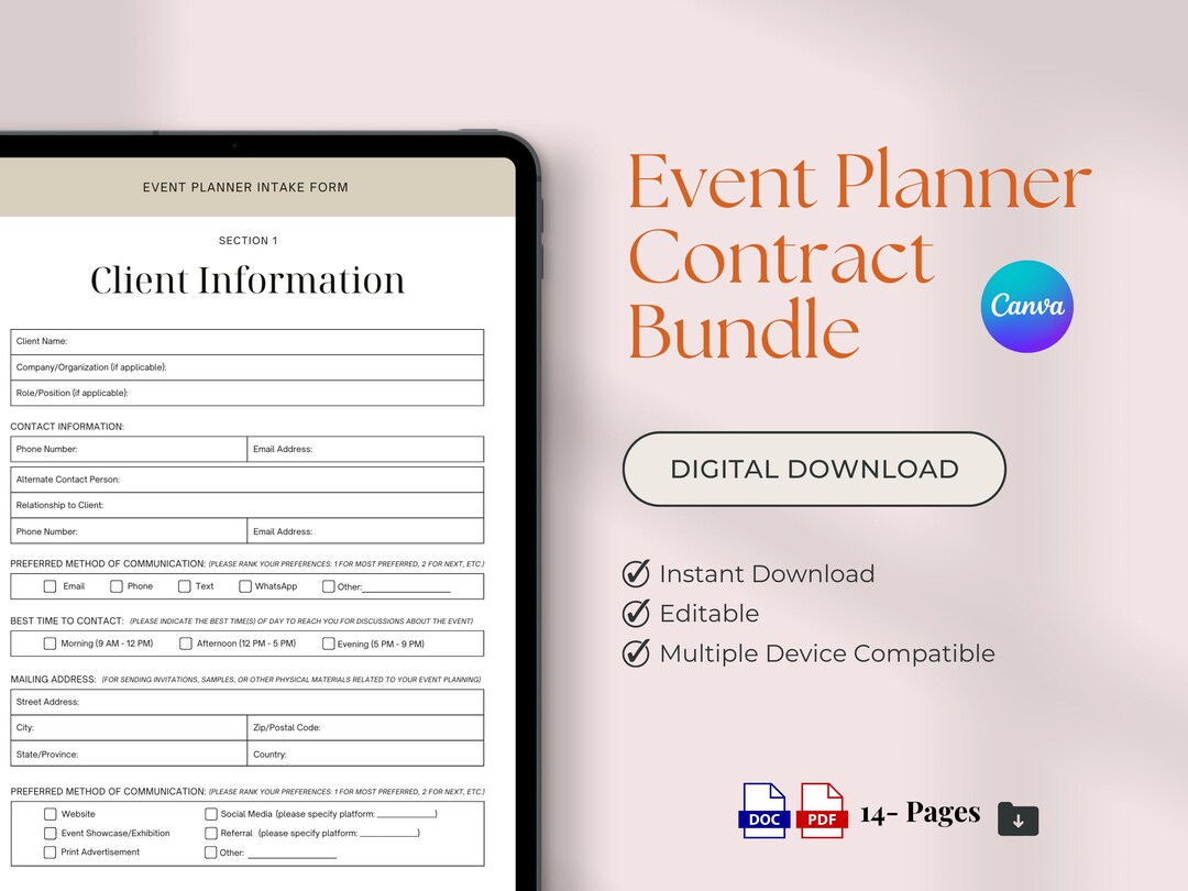 Event Planner Contract Template, Event Planner Client Forms, Event ...
