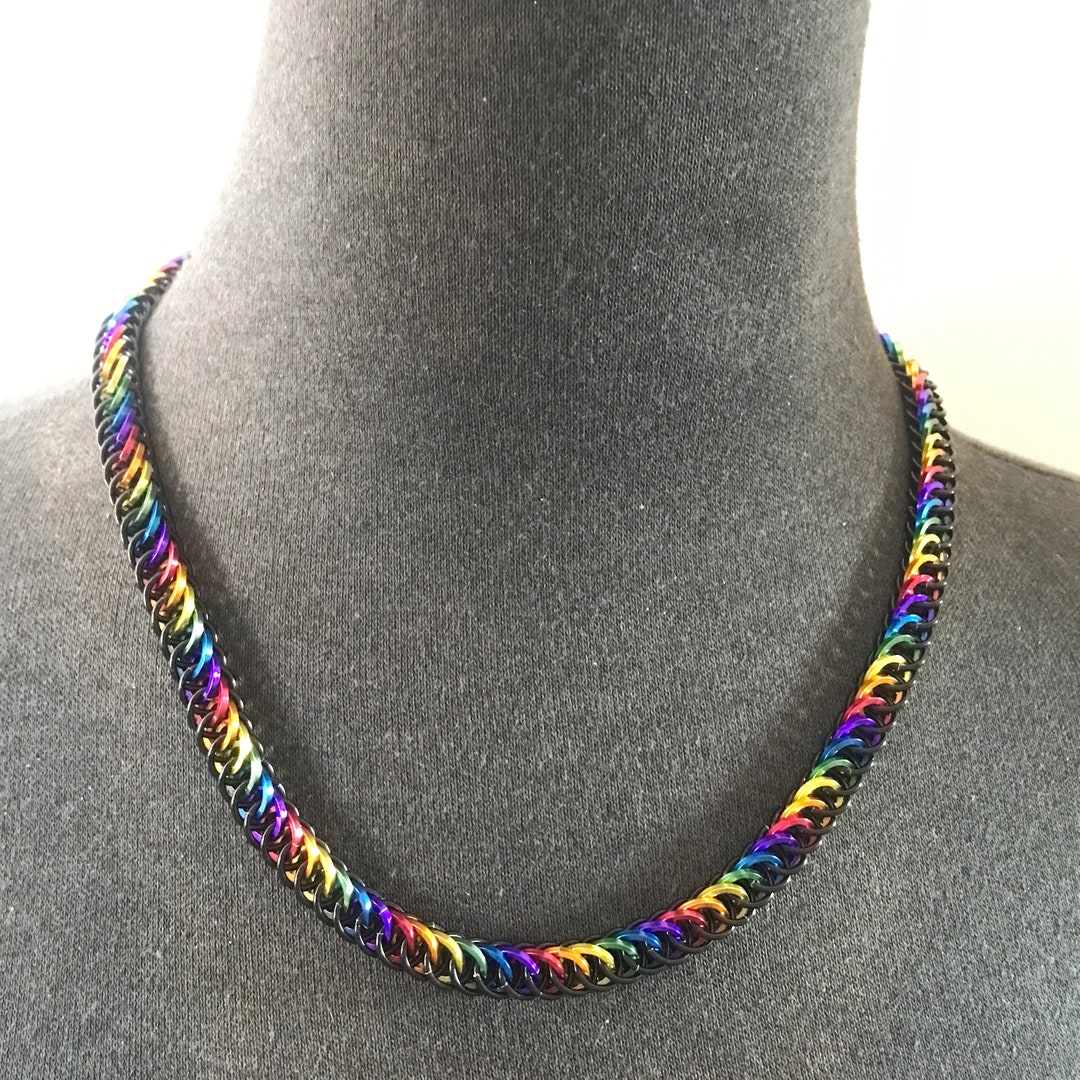 Rainbow and Black Square Wire Chainmaille Necklace (half Persian 4-in-1 ...