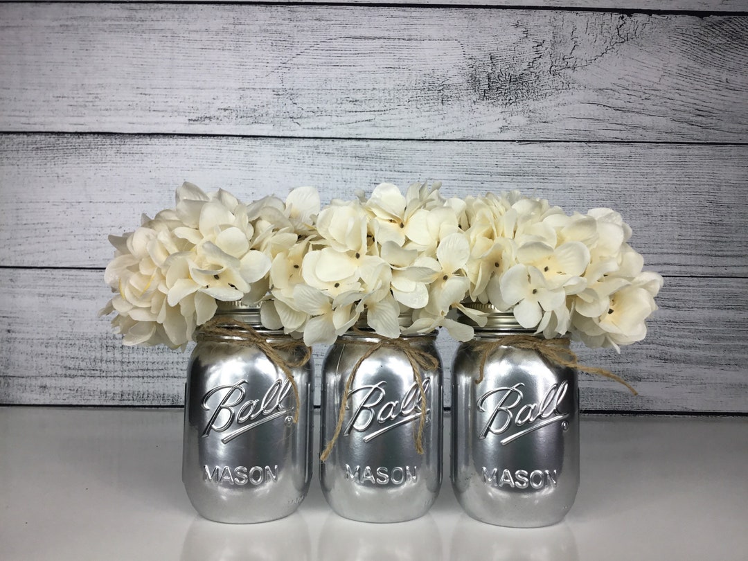 Set of 3 Hand-painted Metallic Silver Mason Jars Contemporary Elegance ...