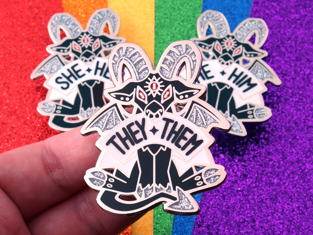9 Pronouns Pride Demons Hard Enamel Pins / Rainbow Glitter LGBTQ Pin / Gothic Goat Trans Non ...
