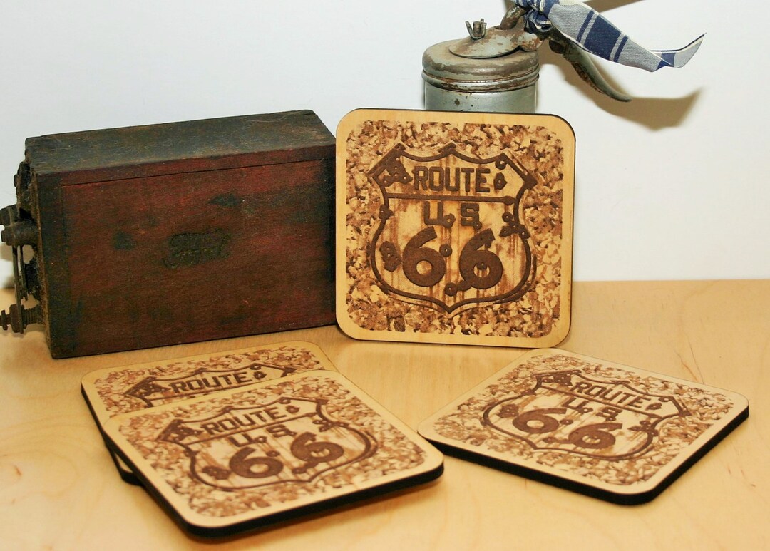 Coaster Set of 4 Get Your Kicks Route 66, RV, Camping, Nostalgia, Wood ...