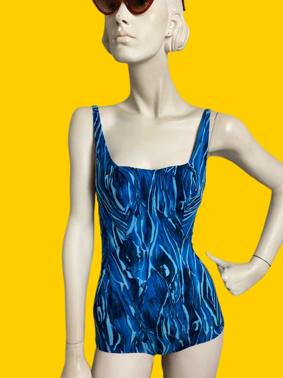 Vtg 1960s Marbled swimsuit // Blue lagoon one piece b… - Gem