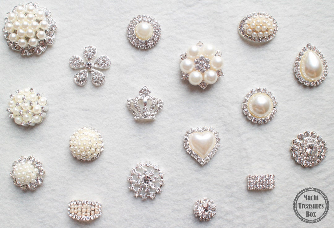 10 Assorted Mix Lot Pearl Rhinestone Silver Base Flat Back Brooches ...