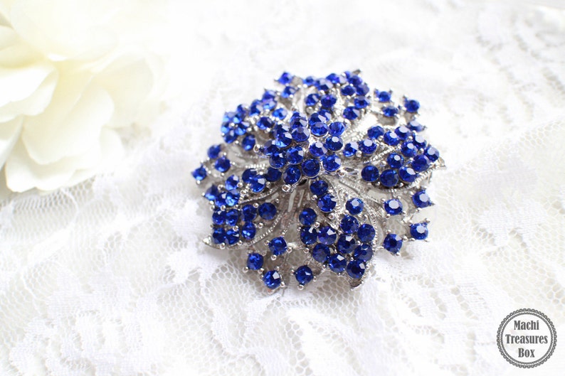 Large Blue Rhinestone Snowflake Brooch Silver Base With Pin M29 Wedding ...