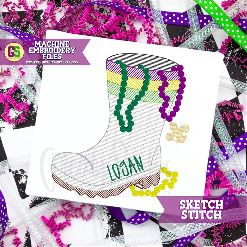 Mardi Gras Shrimp Boot Sketch Machine Embroidery Design | Mardi Gras ...