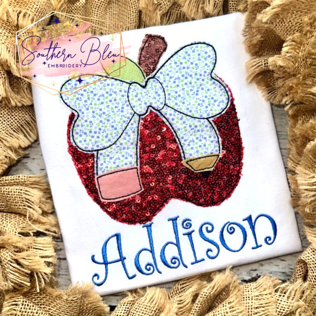 Apple With Pencil Bow Applique Machine Embroidery | Pencil Bow PES ...