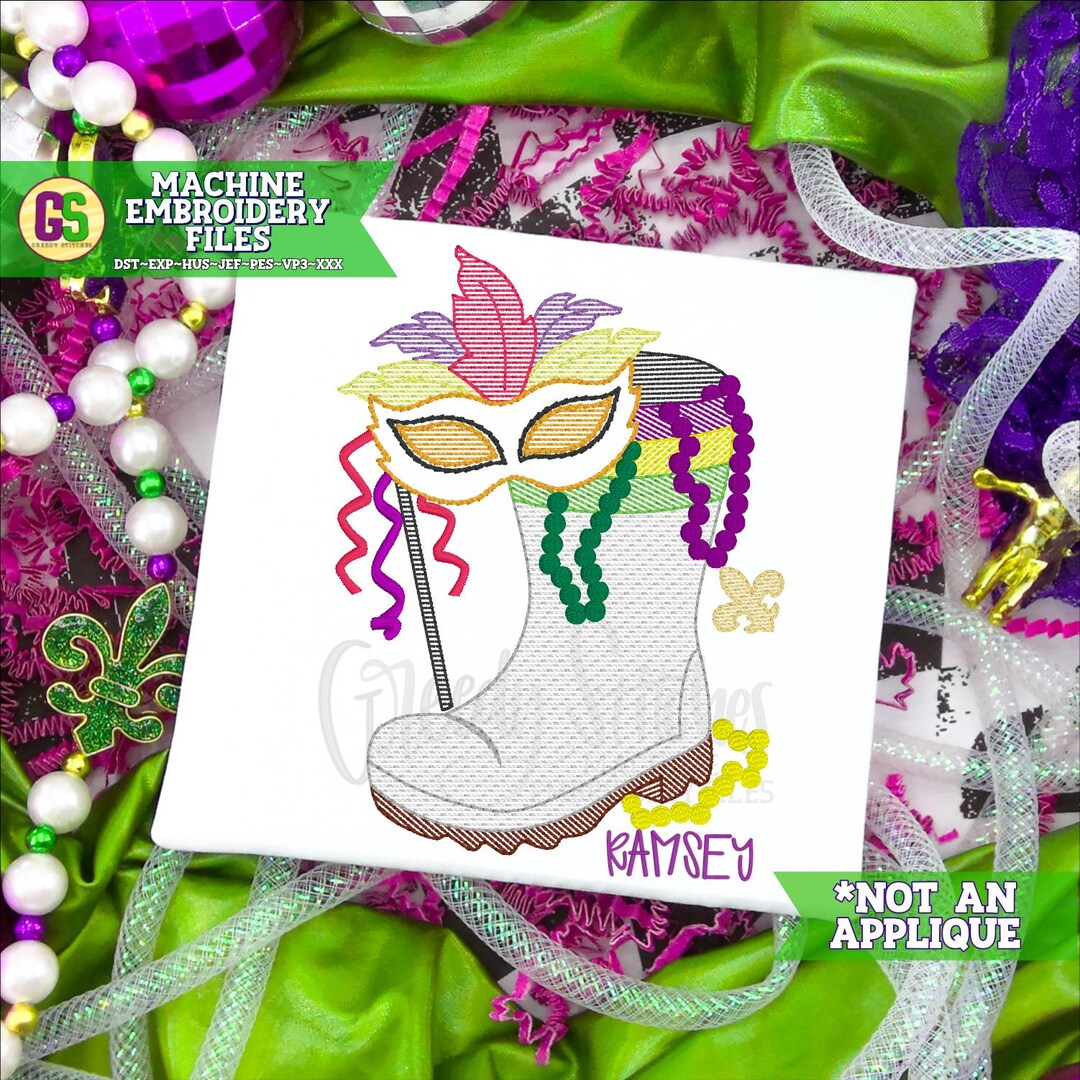 Mardi Gras Shrimp Boot Sketch Machine Embroidery Design | Mardi Gras ...