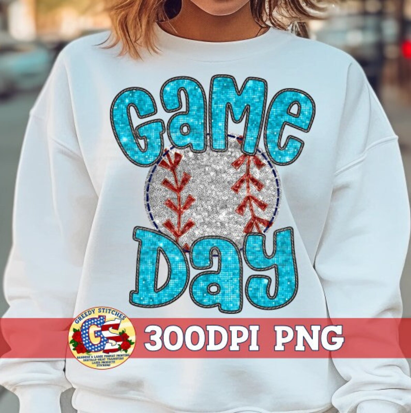 Baseball Game Day Columbia Blue Faux Sequin Embroidery Png Sublimati ...
