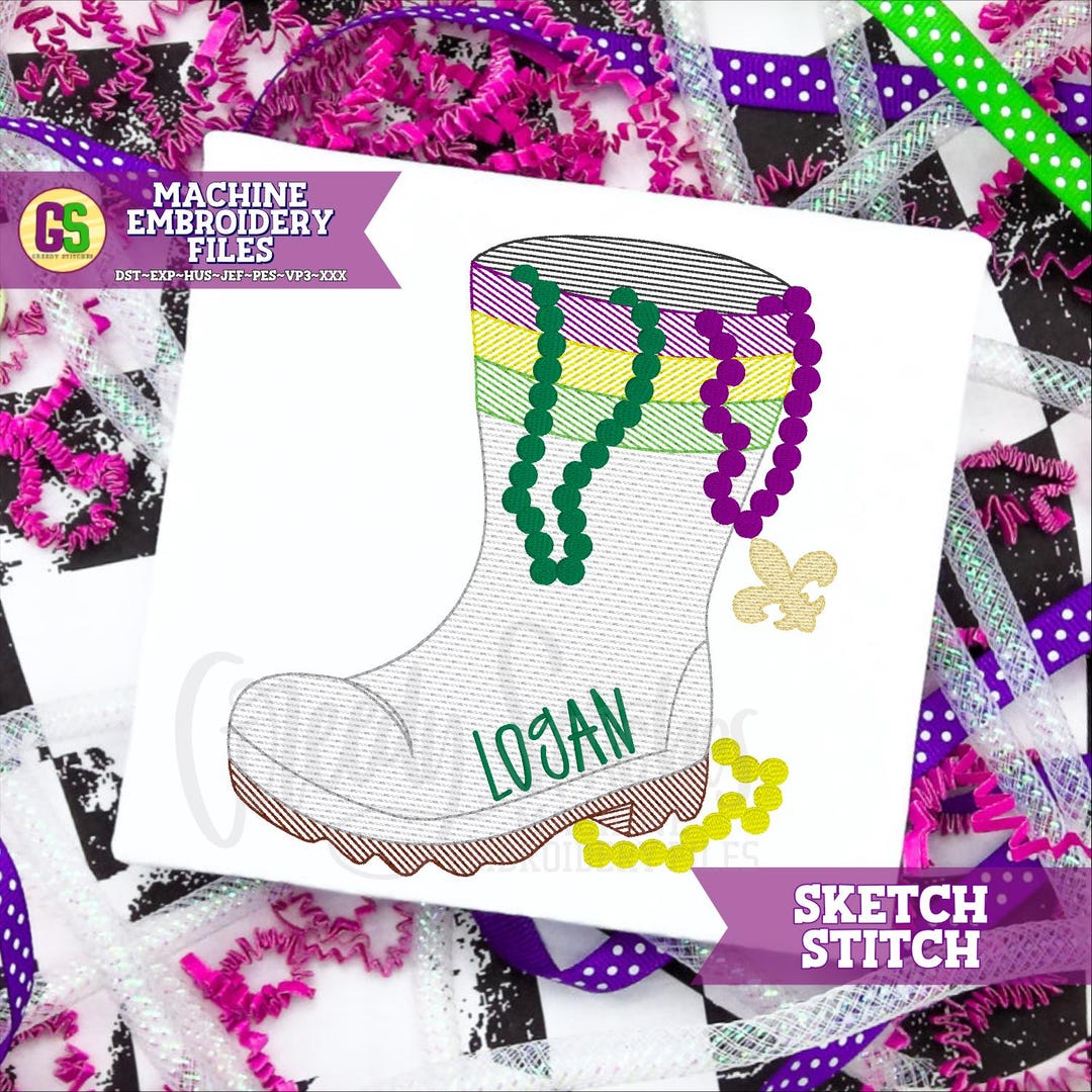 Mardi Gras Shrimp Boot Sketch Machine Embroidery Design | Mardi Gras ...