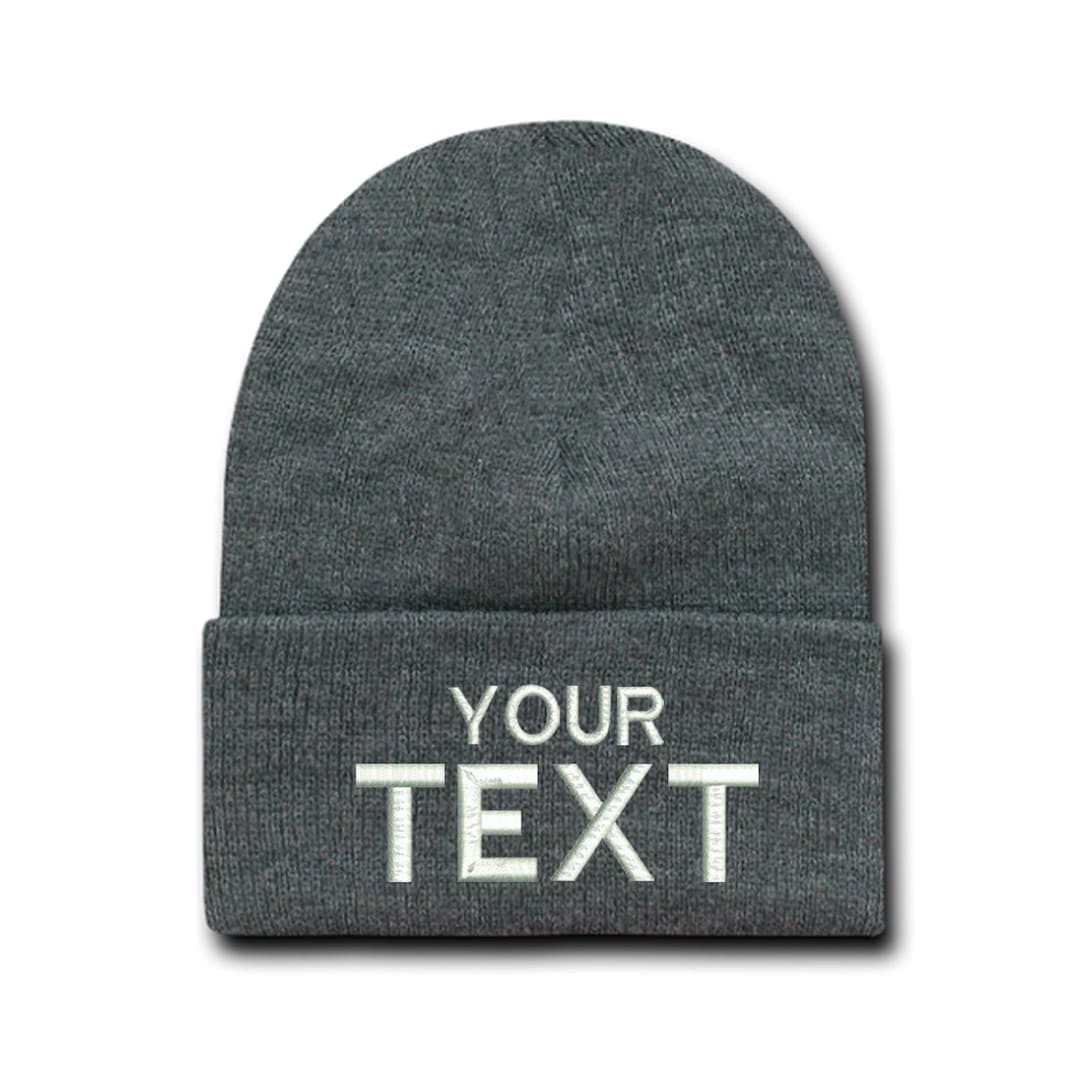 Charcoal Grey Custom Text Cap Embroidered Cuffed Beanie, Gift for Her ...