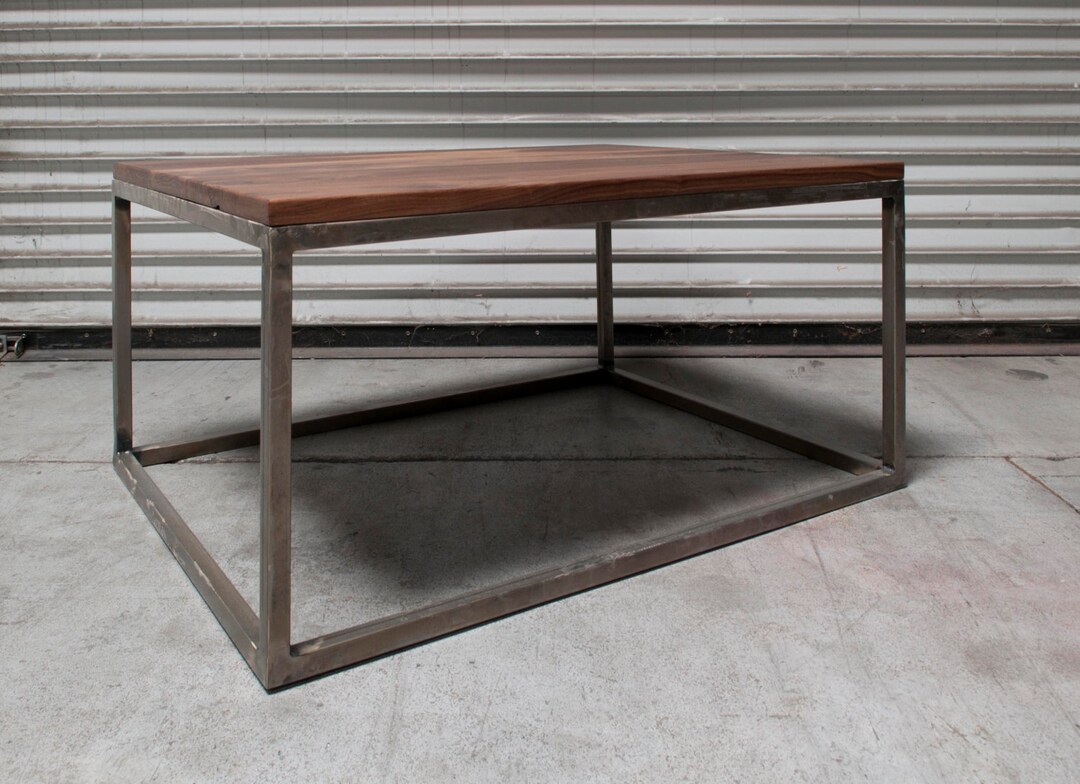 Square Metal Side Table W/ Rustic Walnut Wood Top, Powder Coated ...