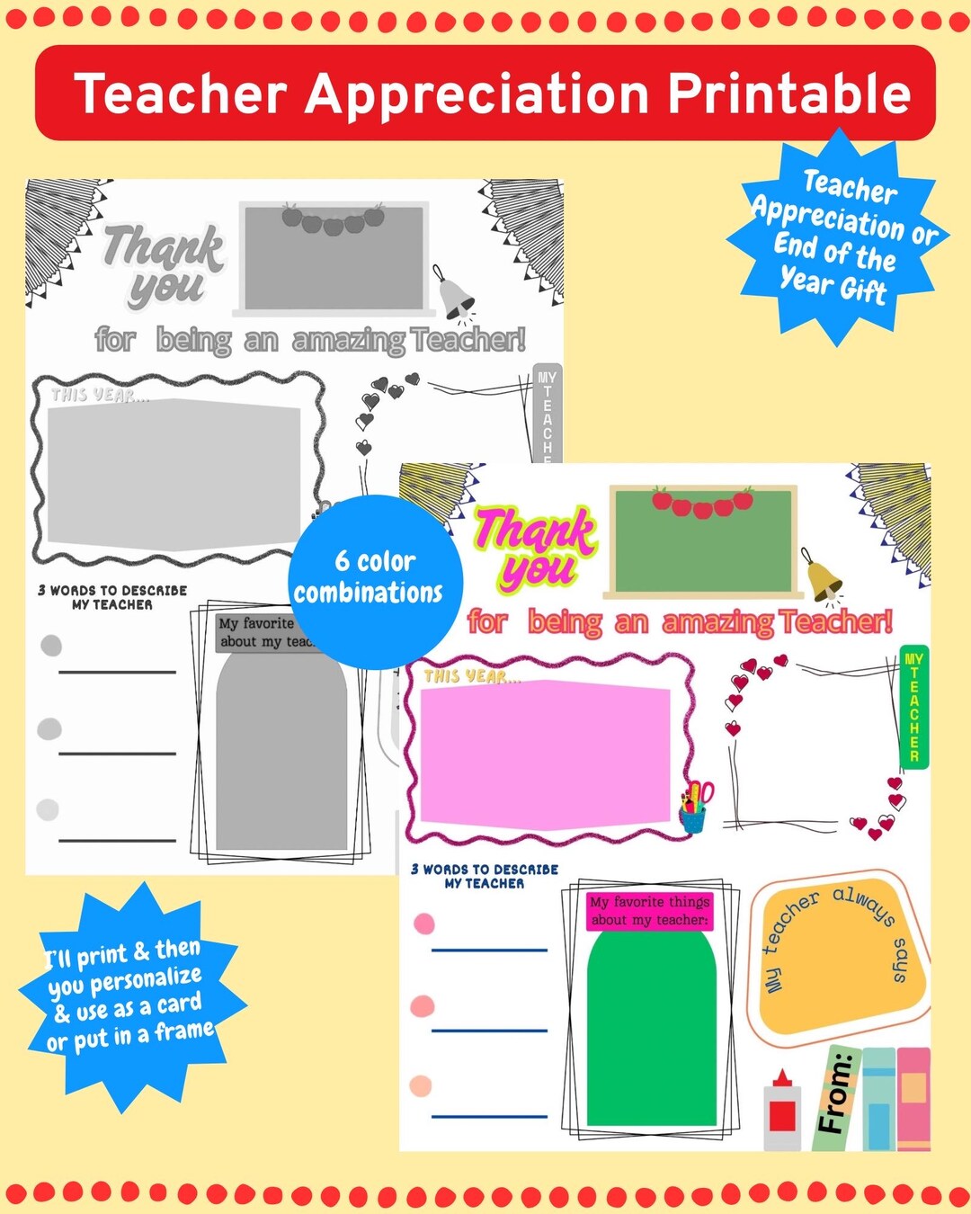Teacher Appreciation Printable: Thank You Card & Questionnaire (PDF) - Etsy