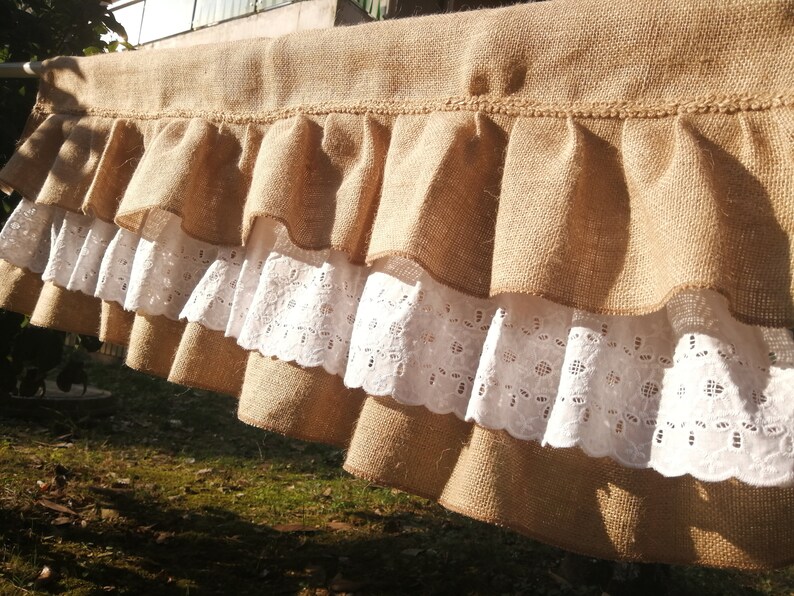 Custom Burlap Ruffled Curtian Rustic Burlap Lace Kitchen Valance Burlap ...