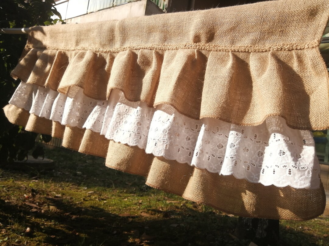 Custom Burlap Ruffled Curtian Rustic Burlap Lace Kitchen Valance Burlap ...