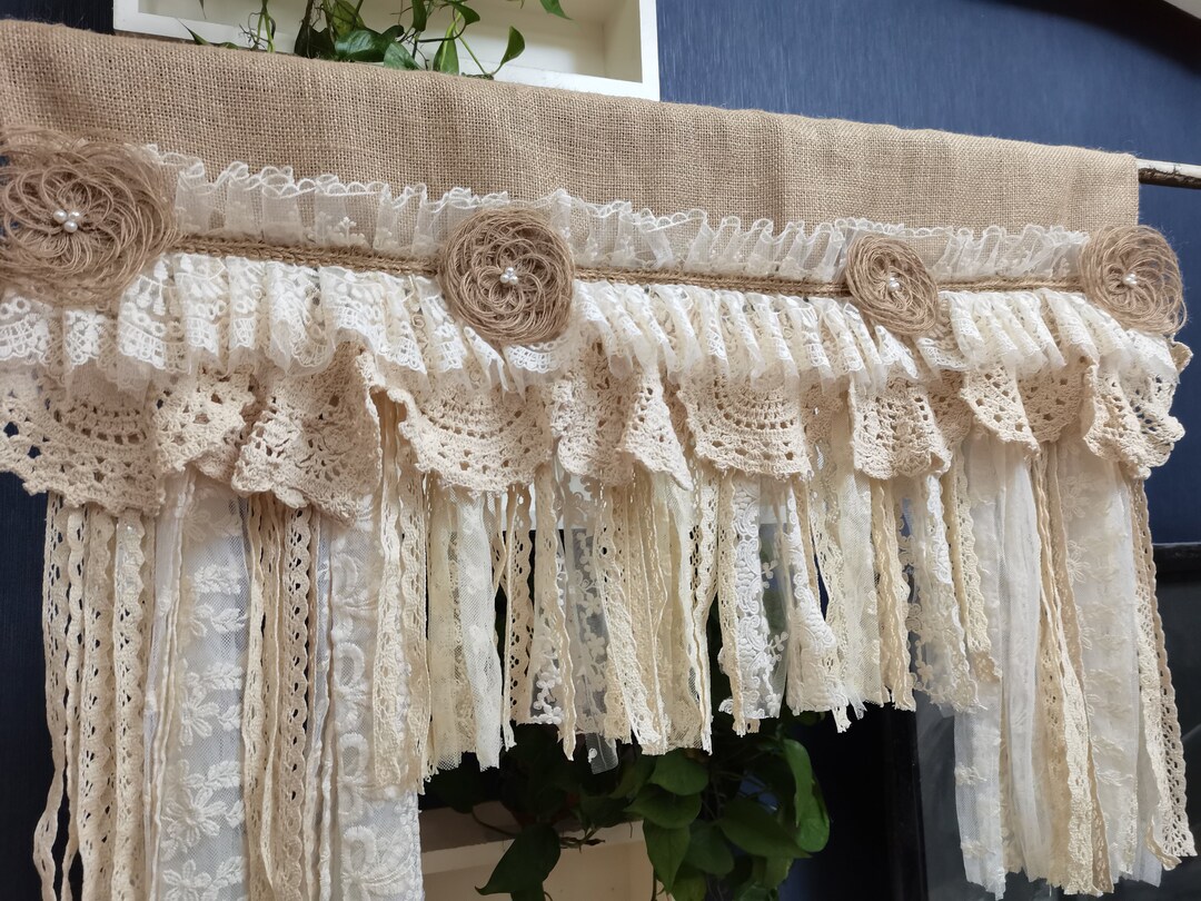 Custom Rustic Unique Burlap Beige Lace Bedroom Valance Burlap Window ...
