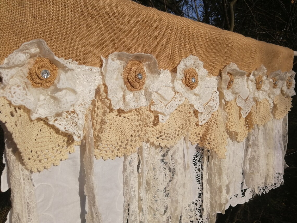 Romantic Lace Curtain Rustic burlap Kitchen Valance Burlap | Etsy