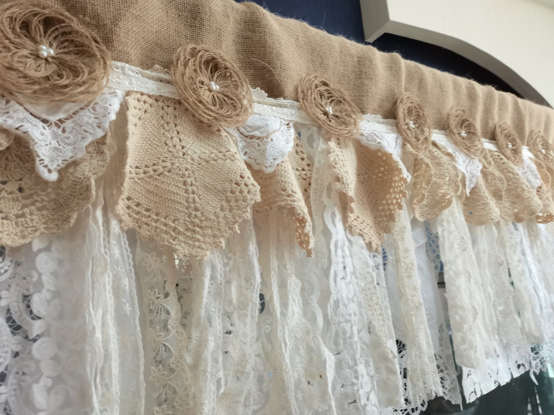 Romantic Lace Curtain Rustic Burlap Kitchen Valance Burlap Lace Decor ...