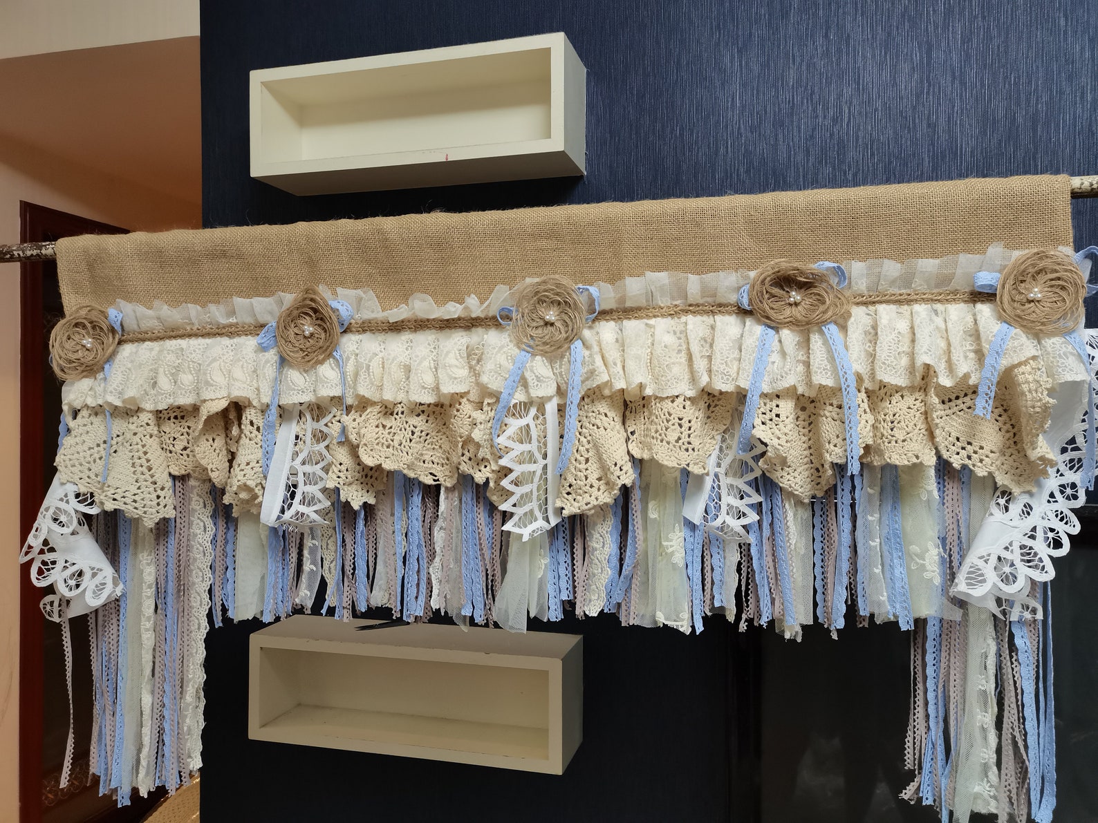 Rustic Unique Burlap Beige Lace Bedroom Valance Light Blue - Etsy