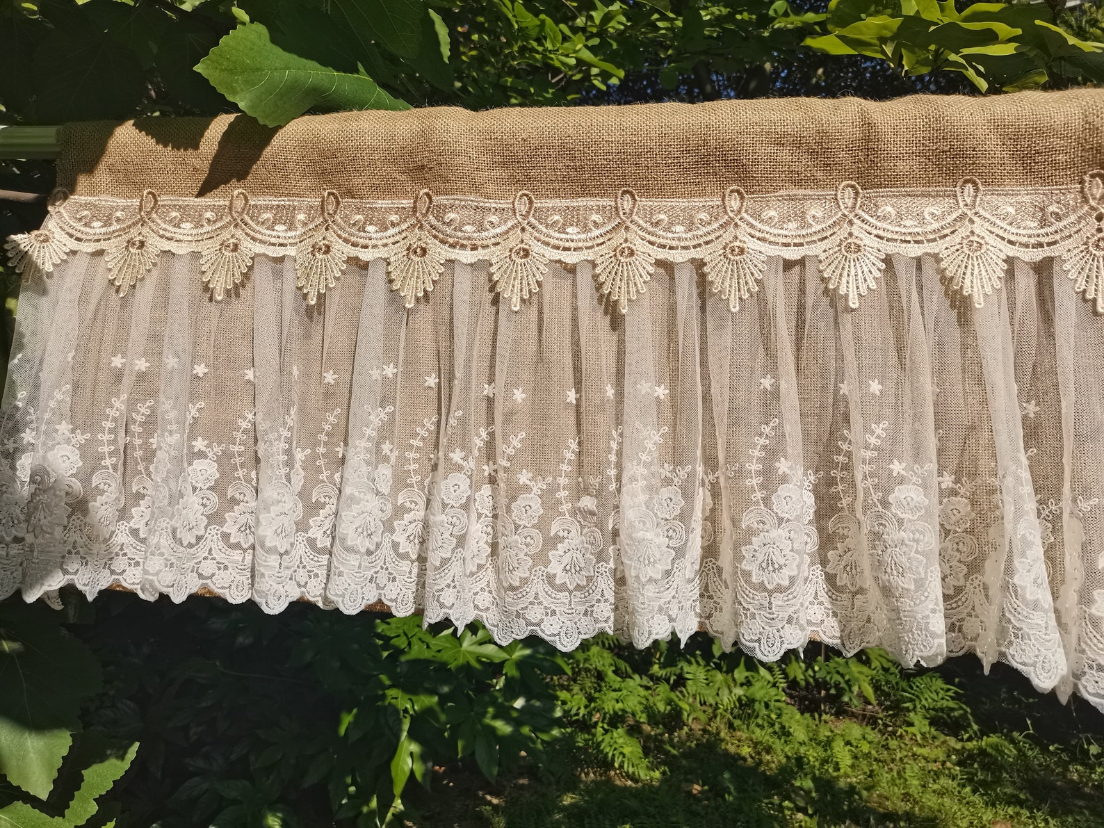 Romantic Lace Curtain Rustic Burlap Kitchen Valance Burlap Lace Decor ...