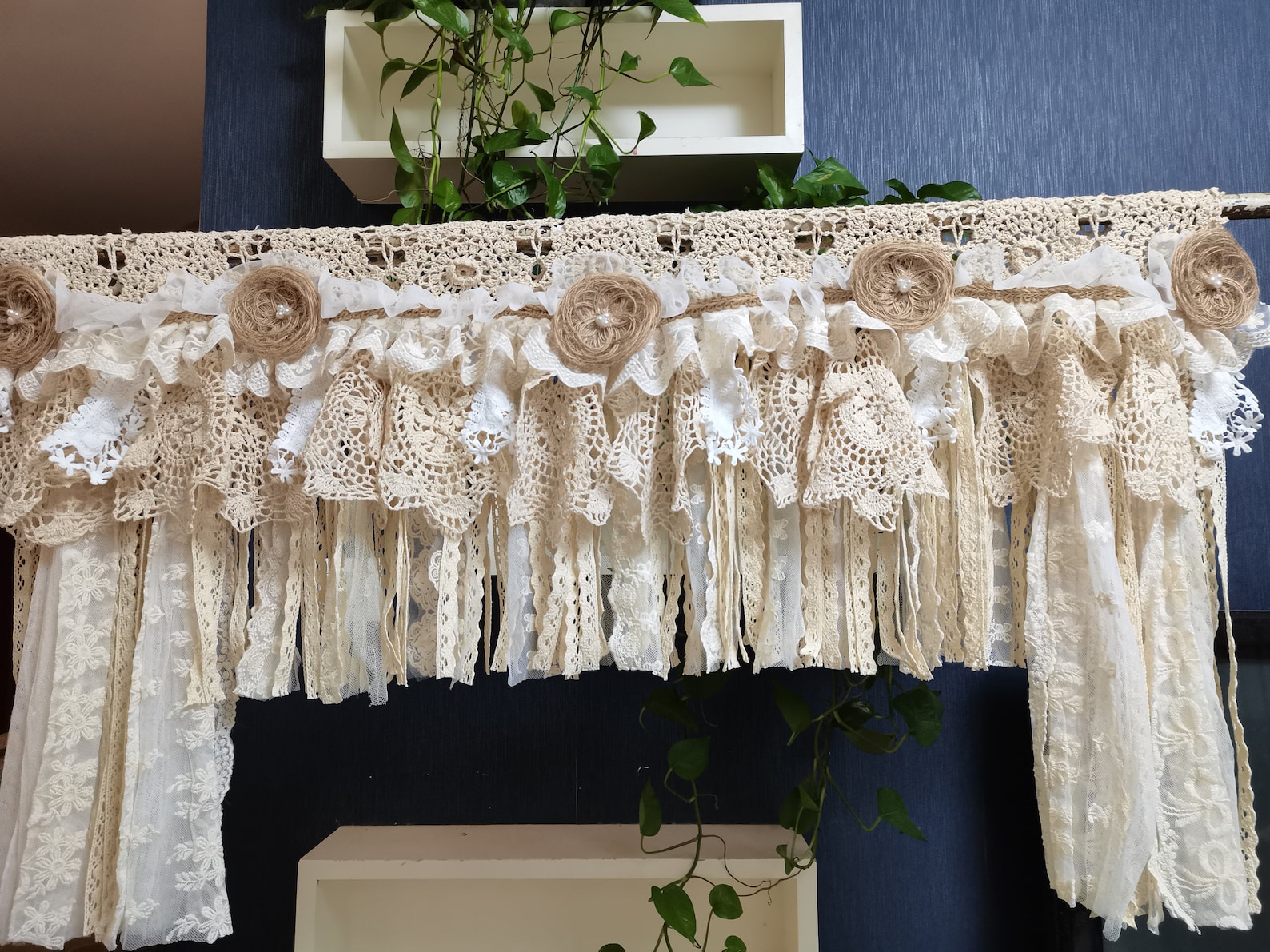 Custom Rustic Unique Burlap Beige Lace Valance Burlap Ivory White Lace ...