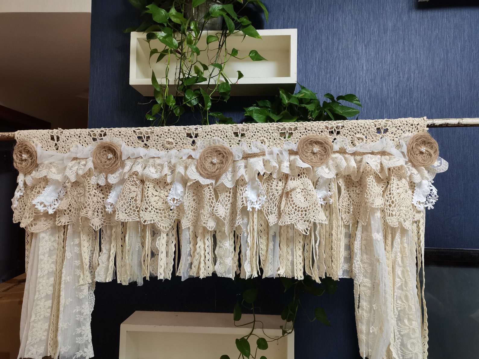 Custom Rustic Unique Burlap Beige Lace Valance Burlap Ivory White Lace ...