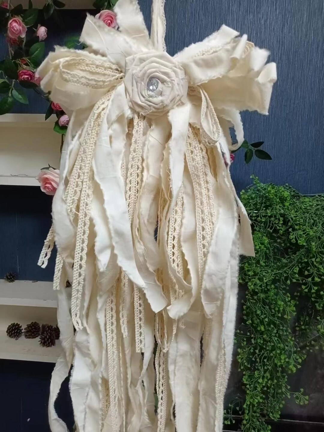 1pc Shabby Chic Decor Wreath Bow, Lace and Cotton Pew Bows, Rag Bows ...