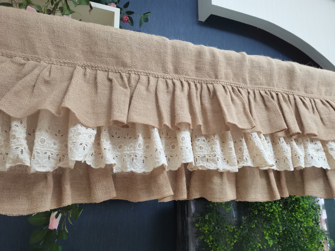 Custom Burlap Ruffled Curtain Rustic Burlap Lace Kitchen Valance Burlap ...