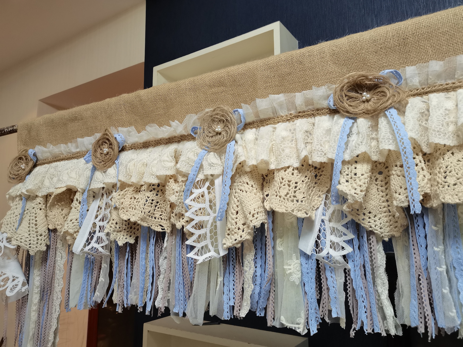 Rustic Unique Burlap Beige Lace Bedroom Valance Light Blue - Etsy