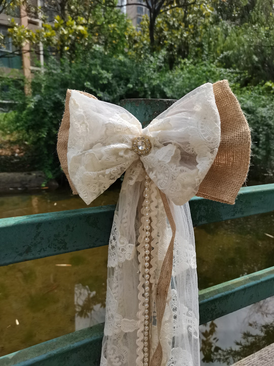 1pc Shabby Chic Decor Burlap and Lace Pew Bows, Burlap Bows, Wedding ...