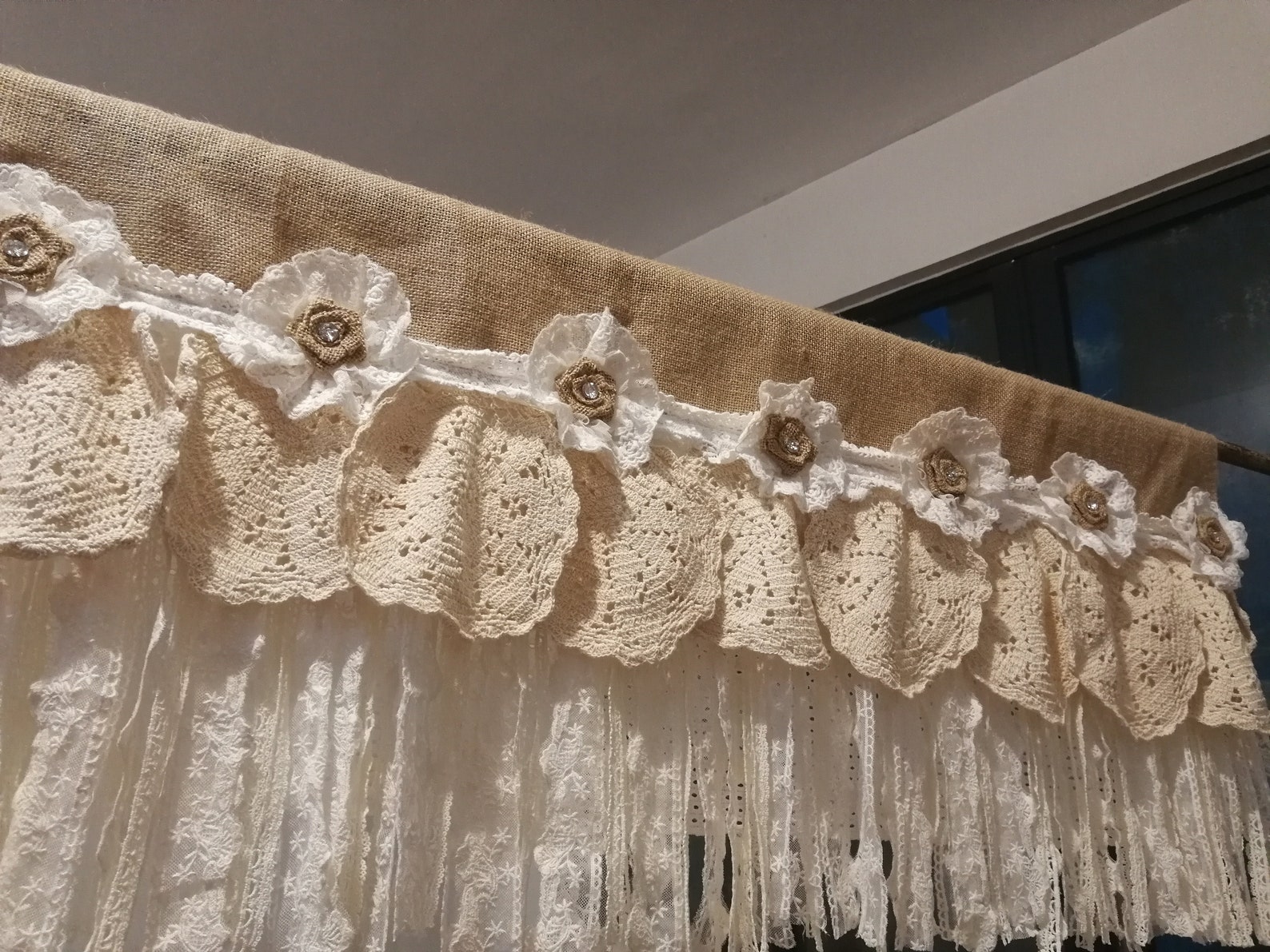 Romantic Lace Curtain Rustic burlap Kitchen Valance Burlap | Etsy