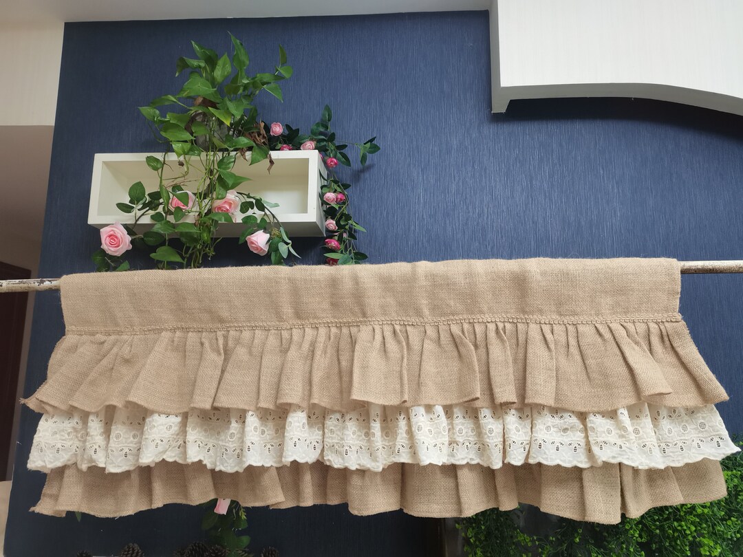 Custom Burlap Ruffled Curtain Rustic Burlap Lace Kitchen Valance Burlap ...