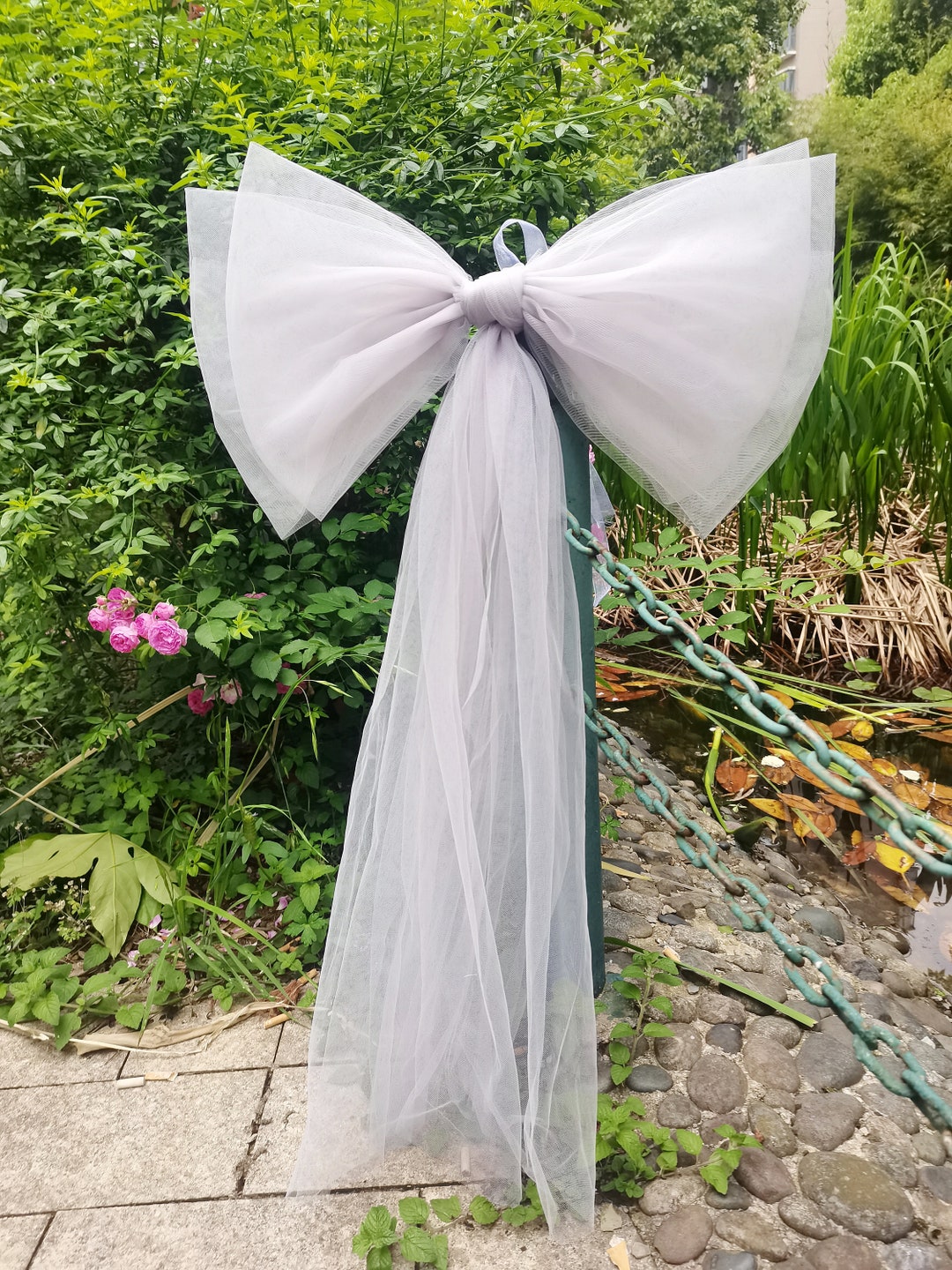 1pc Big Gray Tulle Pew Bows, Pink Bows, Extra Big Gray Bows Wedding ...