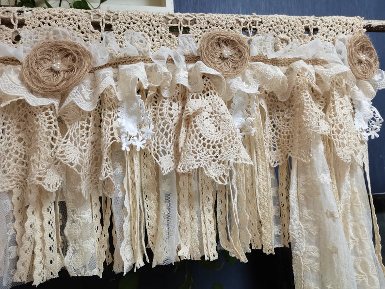Custom Rustic Unique Burlap Beige Lace Valance Burlap Ivory White Lace ...