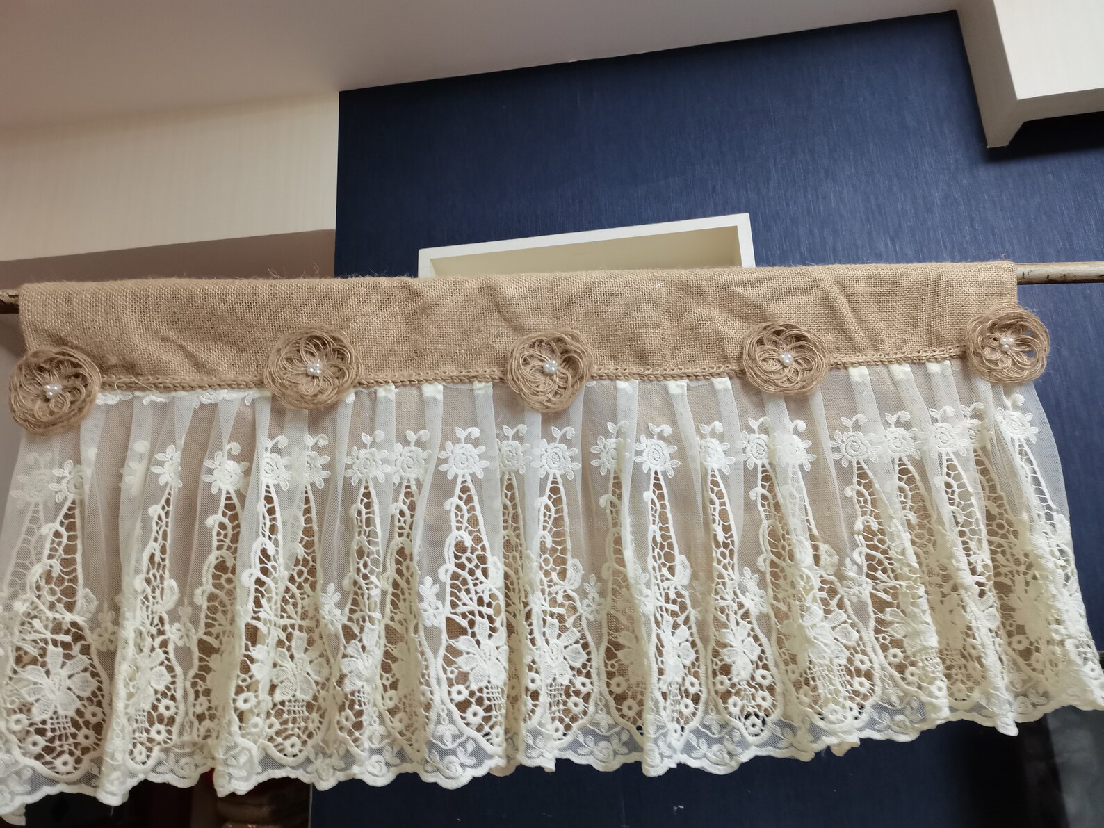 Custom Cream Lace Curtain Valance Rustic Burlap Cream Lace Kitchen ...