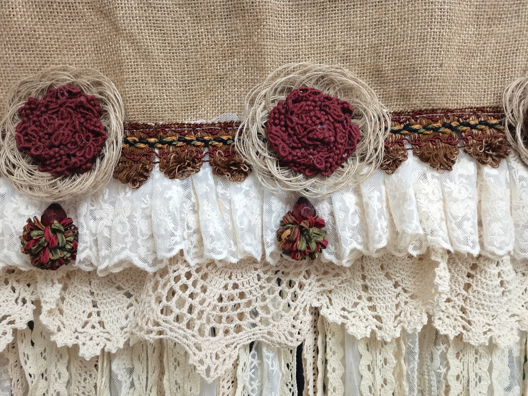 Custom Rustic Unique Burlap Beige Lace Bedroom Valance Burlap Window Kitchen Swag Curtain ...