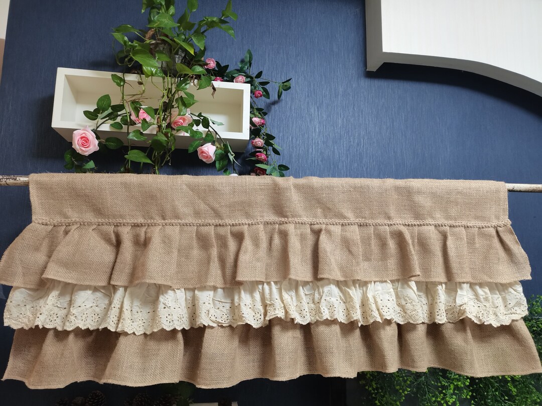 Burlap Ruffled Curtain Rustic Burlap Lace Kitchen Valance Burlap Decor ...