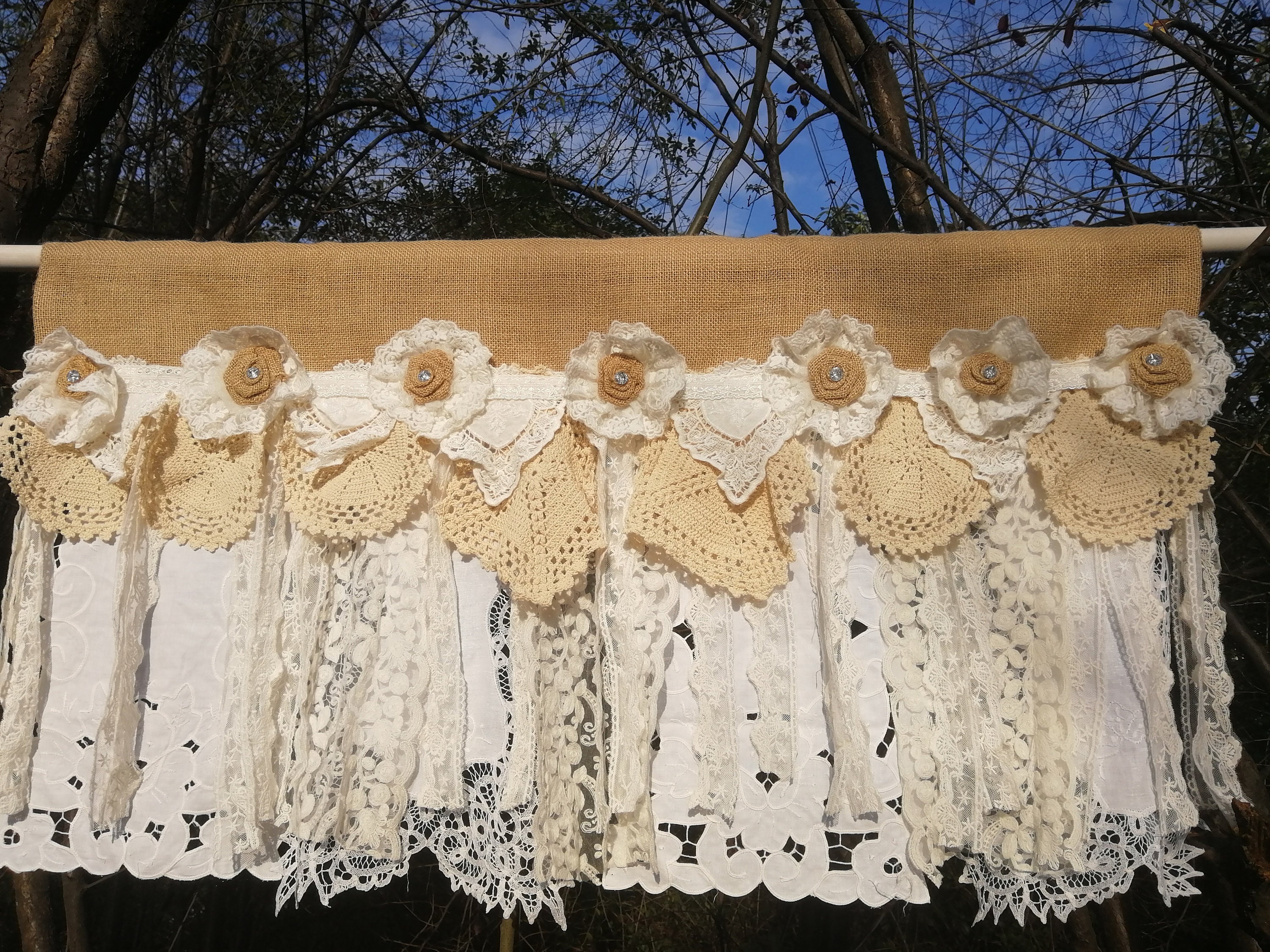Romantic Lace Curtain Rustic burlap Kitchen Valance Burlap | Etsy
