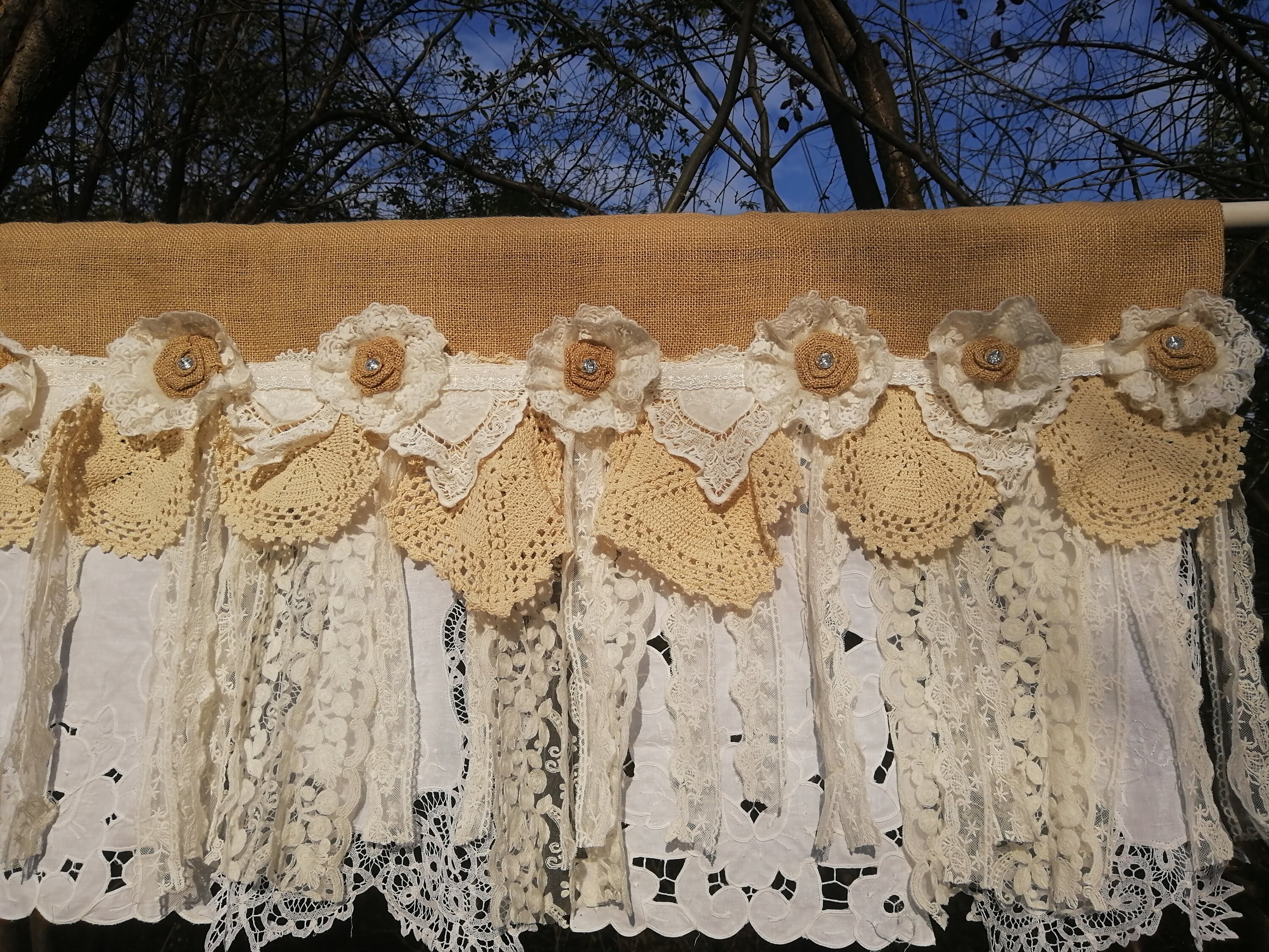 Romantic Lace Curtain Rustic burlap Kitchen Valance Burlap | Etsy