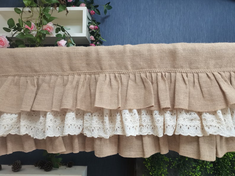 Custom Burlap Ruffled Curtain Rustic Burlap Lace Kitchen Valance Burlap ...