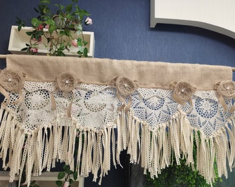 Custom Rustic Unique Burlap Beige Black Lace Bedroom Valance Burlap ...