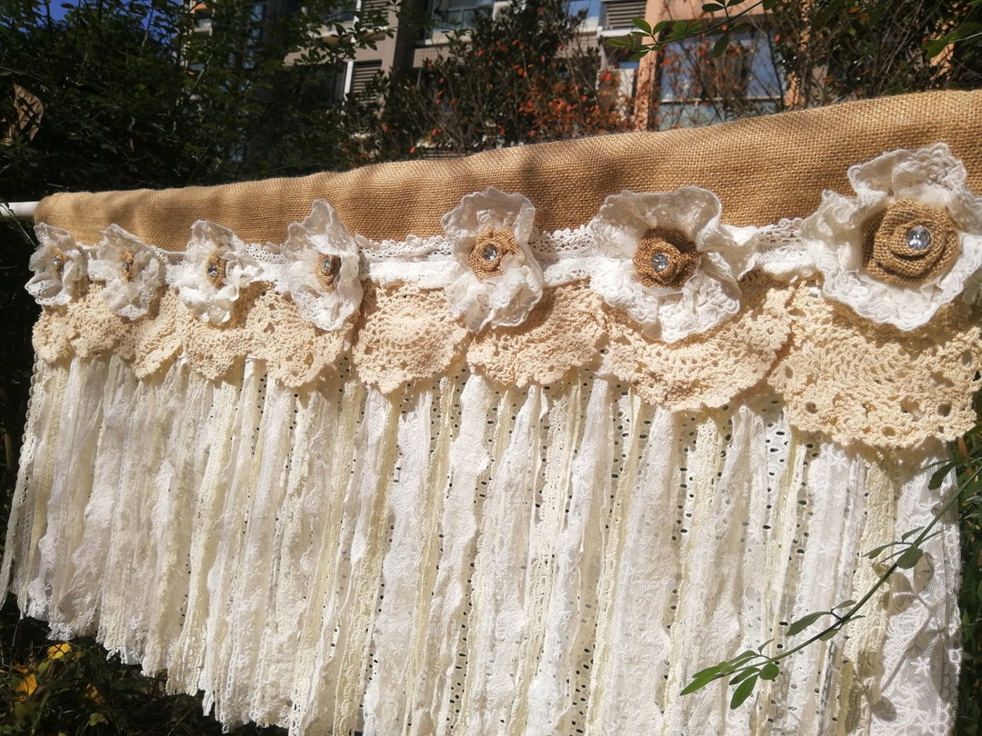 Romantic Lace Curtain Rustic Burlap Kitchen Valance Burlap Lace Decor ...