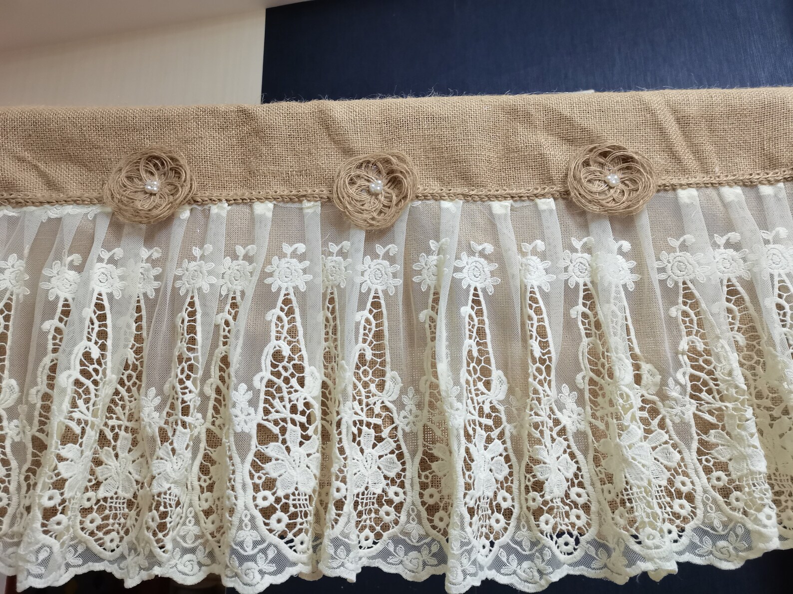 Custom Cream Lace Curtain Valance Rustic Burlap Cream Lace Kitchen ...